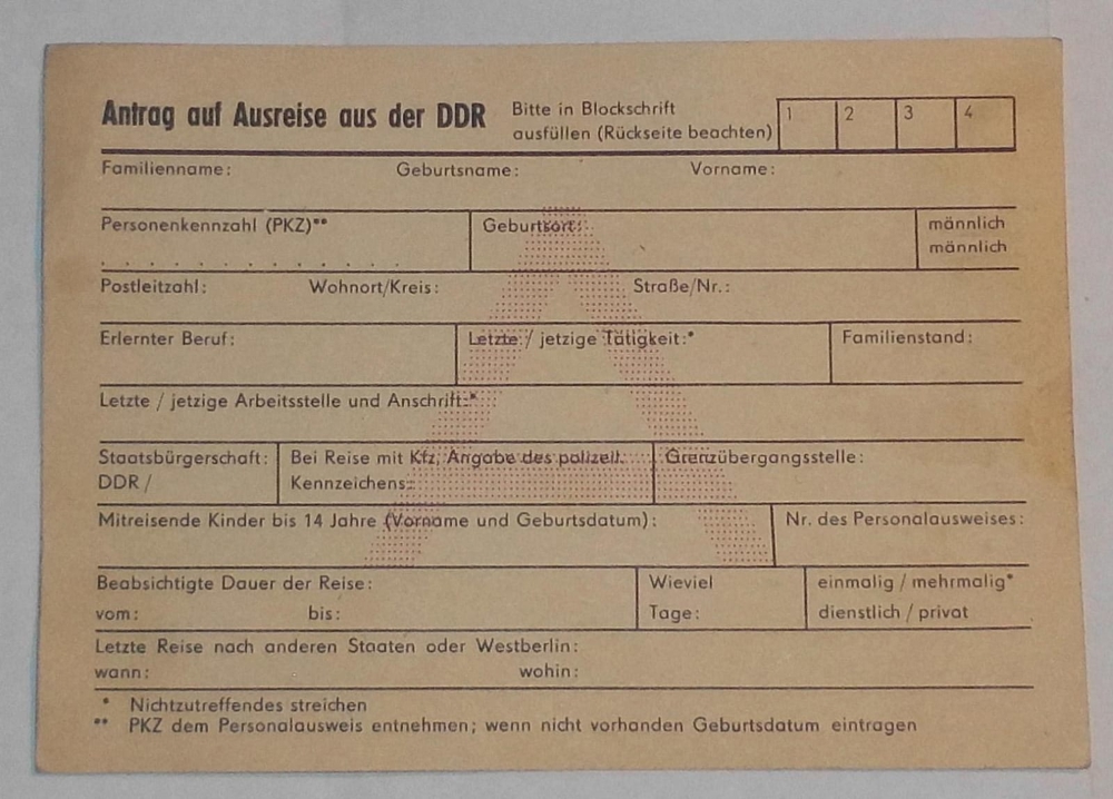 Antrag auf Ausreise aus der DDR (Formular 67 g) in Reichenbach ...